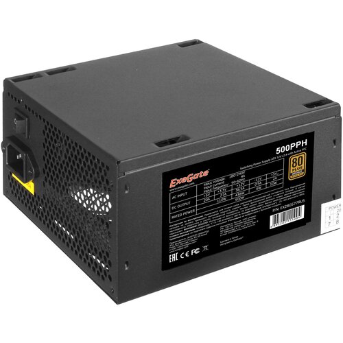 Блок питания 500W ExeGate 80 PLUS® Bronze 500PPH-S-OEM (ATX, APFC, КПД 85% (80 PLUS Bronze)SC, 12cm fan, 24pin, 2x(4+4)pin, 4xPCI-E, 6xSATA, 3xIDE, кабель 220V с защитой от выдергивания, black, RTL) EX280577RUS-OEM-S