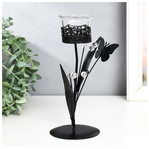 Подсвечник металл на 1 свечу "Бабочка с шариками-кристаллами" чёрный 8,5х8,5х22 см