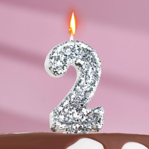 Свеча в торт «Блестки», цифра "2", серебро, 5,5 см