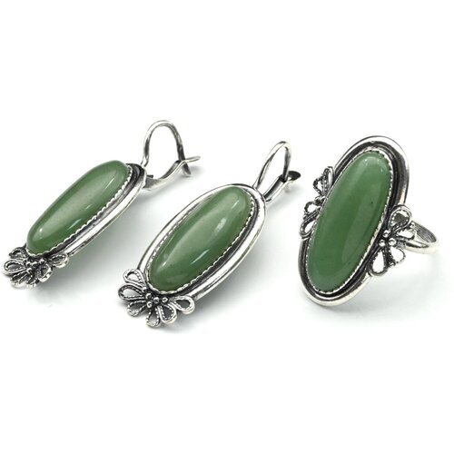Комплект бижутерии: серьги, кольцо, нефрит, размер кольца 19, зеленый