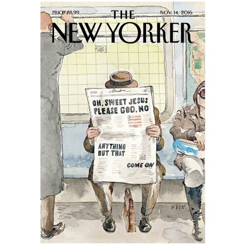 Постер / Плакат / Картина Обложки New Yorker - Мужчина с газетой едет в метро 90х120 см в подарочном тубусе