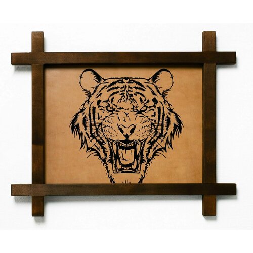 Картина на натуральной коже "Тигр", интерьерная, холст для украшения и декора на стену кухни гостиной детской комнаты спальни в деревянной рамке