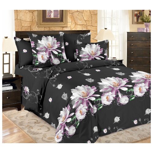 Постельное белье Amore Mio Макосатин Royal, 1,5 спальный комплект, микрофибра, черный, сиреневый, с принтом цветы