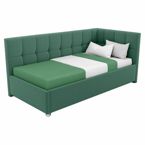 Односпальная кровать Эльза 90x200 с подъемным механизмом и с коробом для белья велюр зеленый ножки 13 см хром угол левый