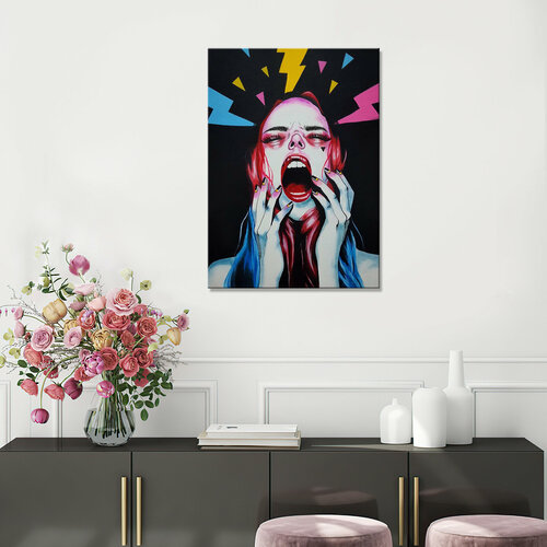 Интерьерная картина на холсте - Девушка крик цветные молнии арт 30х40