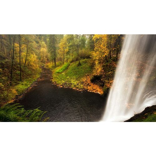 Картина на холсте 60x110 Альянс Лес "Осень пейзаж деревья водопад" на подрамнике / интерьер/ декор