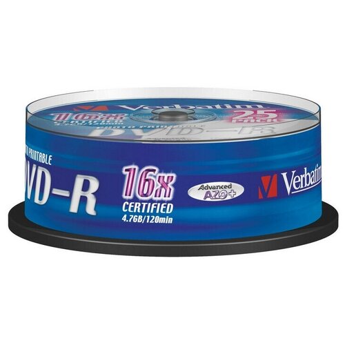 Носители информации DVD-R Printable, 16x, Verbatim Azo Wide, Cake/25, 43538