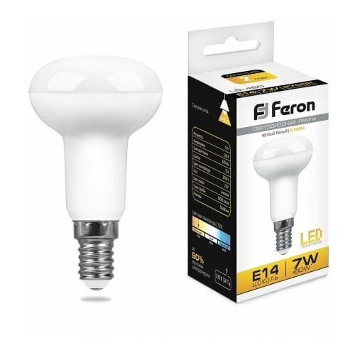 Лампа светодиодная LED зеркальная 7вт Е14 R50 теплый (LB-450) | код 25513 | FERON (5шт. в упак.)