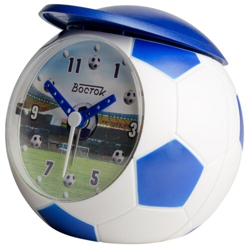 Будильник футбольный мячик Восток DN-10 бело-синий цвет с принтом на циферблате размер 9х9 см