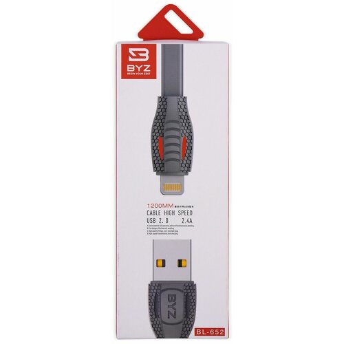 USB-кабель BYZ BL-652 AM-8pin (Lightning) 1,2 метра, 2.4A, силикон, плоский, серый