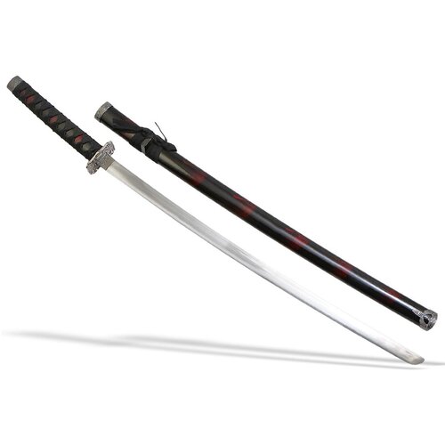 Катана декоративная японская меч на подставке, ножны черно-бордовые, цуба серебро