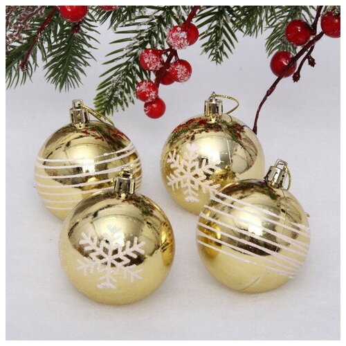 Новогодние шары 6 см (набор 4 шт) "Снежные нити", золото/белый