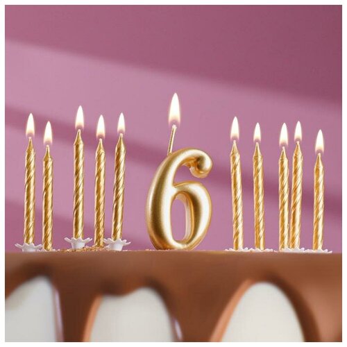 Страна Карнавалия Набор свечей для торта (2 в 1) золотая Цифра "6" + Свечи "С Днём Рождения" золотые 10 шт, 7 см 71508