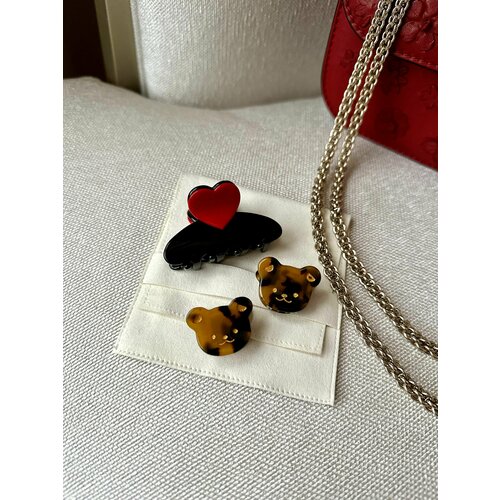 Подарочный набор заколок для волос - черный крабик сердечко Love Valentino Black и два крабика медвежонка / подарок девушке / подарок подруге