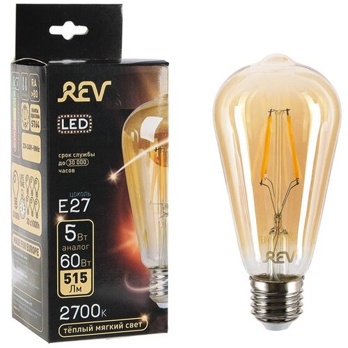 REV Лампа светодиодная REV LED FILAMENT VINTAGE, ST64, E27, 5 Вт, 2700 K, теплый свет