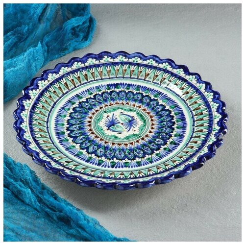 Тарелка Риштанская Керамика "Цветы", синяя, рельефная, 25 см