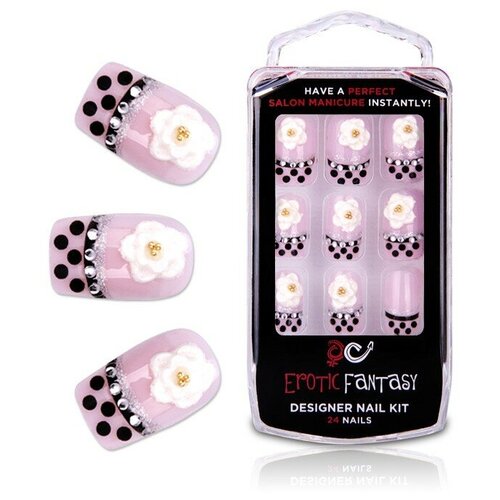 Накладные ногти, типсы для ногтей из акрила Erotic Fantasy Nail Tips Black Dots&Crystal розовые