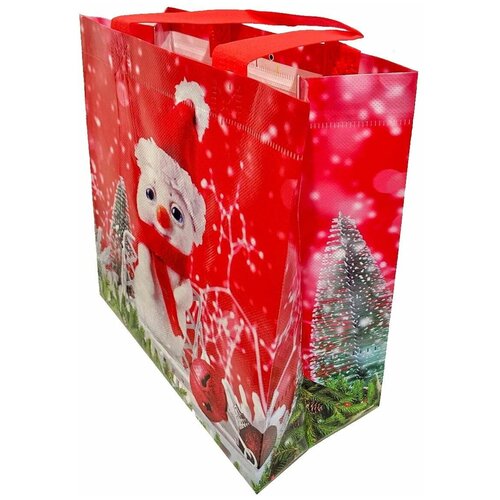 Пакет подарочный новогодний / Пакет-сумка с ручками "Снеговик", красный