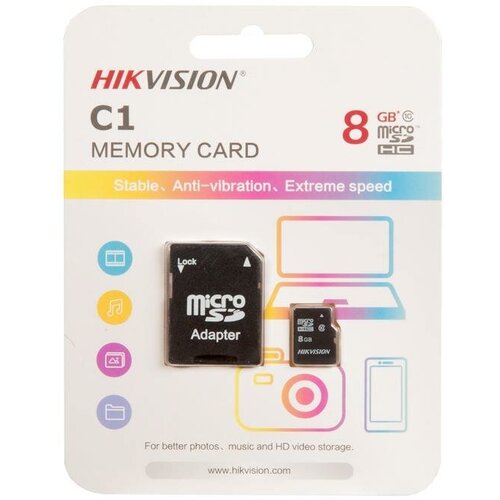 Карта памяти MicroSDHC 8Gb Hikvision Class10 U1 [HS-TF-C1(STD)/8G/Adapter] (SD адаптер)
