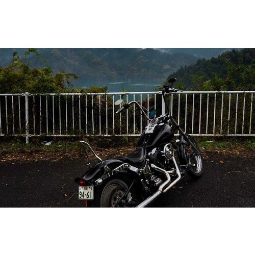 Картина на холсте 60x110 LinxOne "Мотоцикл, байк, черный, стоянка, горы" интерьерная для дома / на стену / на кухню / с подрамником