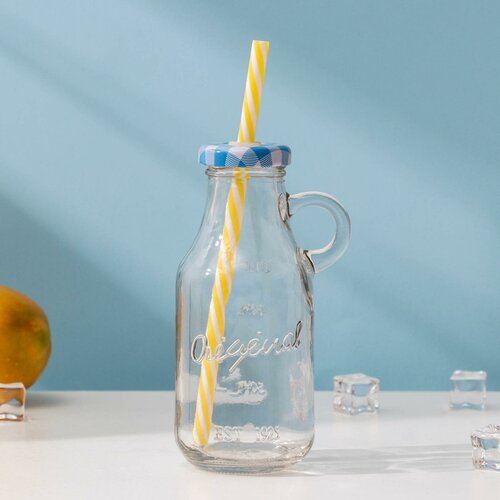 Бутыль стеклянная с крышкой и трубочкой, 200 мл, 7,5×6×14,5 см, цвет микс