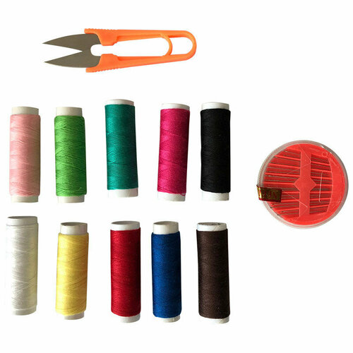 Набор для шитья 10 разноцветных катушек с нитками , 16 иголок + мининожницы , полезная вещь в дороге и хозяйстве.