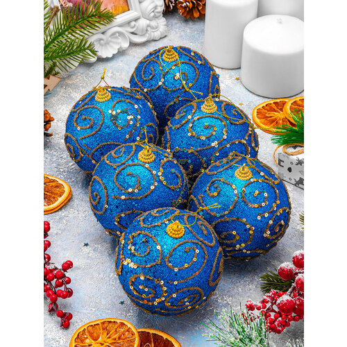 Набор 6 новогодних шаров 9,5х9,5 см Elan Gallery Вензеля, синий
