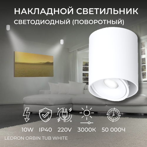 Накладной светодиодный светильник, спот поворотный Ledron ORBIN TUB White 10W