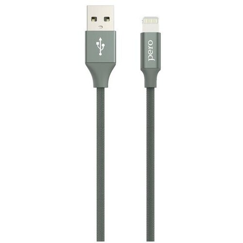 Кабель PERO DC-02, Lightning - USB, 2 А, 1 м, тканевая оплетка, серый