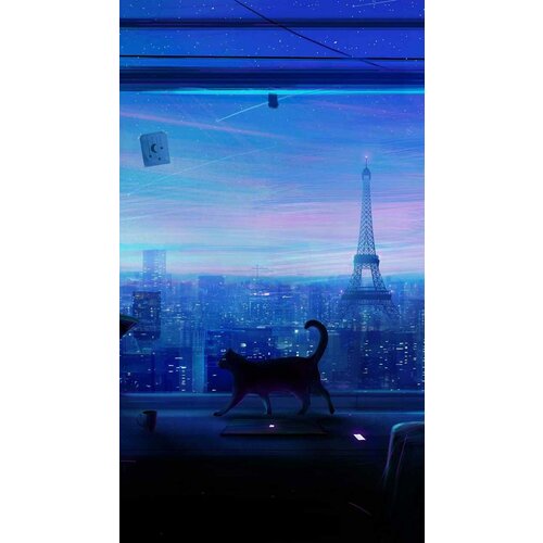 Картина на холсте 60x110 LinxOne "Кошка, арт, окно, город, вертикальный" интерьерная для дома / на стену / на кухню / с подрамником