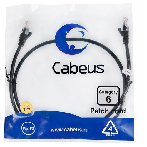 Патч-корд Cabeus PC-UTP-RJ45-Cat.6-1m-BK (U/UTP, CAT.6, PVC, 1 м, черный) (8663c)