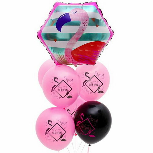 Букет из воздушных шаров "С днём рождения", фламинго, неон, латекс, фольга, набор 7 шт.