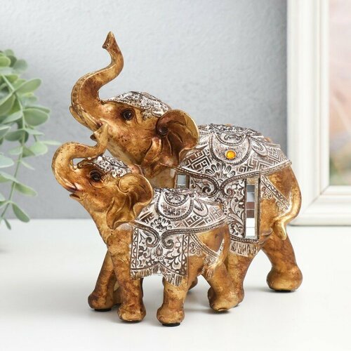 Сувенир полистоун Слон со слонeнком - попона с узорами и янтарeм 16,5х10х17,5 см