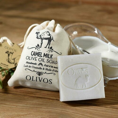 Подарочный набор в мешочке с мочалкой. Мыло натуральное оливковое ручной работы Линия Молоко " Верблюжье Молоко" 150 гр