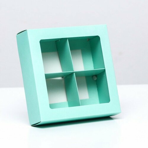 Коробка для конфет 4 шт с окном, мятный, 12,5 х 12,5 х 3,5 см