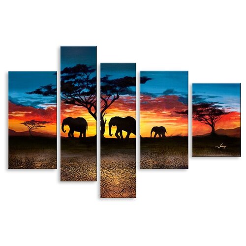 Модульная картина на холсте "Ночное путешествие слонов" 90x62 см