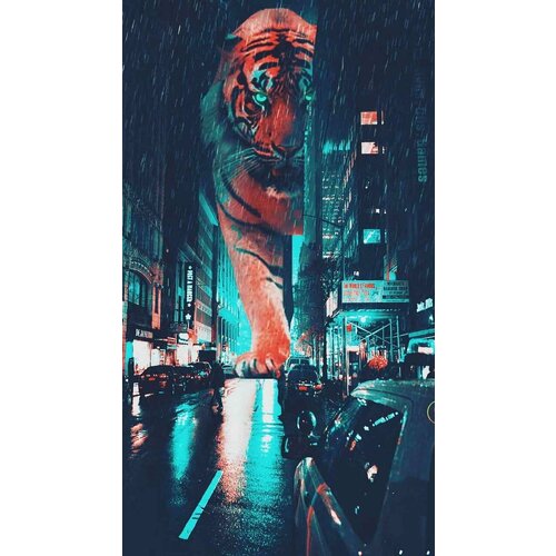 Картина на холсте 60x110 LinxOne "Тигр, ночной город, гигант, великан, вертикальный" интерьерная для дома / на стену / на кухню / с подрамником