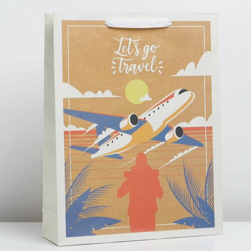 Пакет подарочный крафтовый вертикальный, упаковка, «Let's go travel», L 31 х 40 х 11.5 см