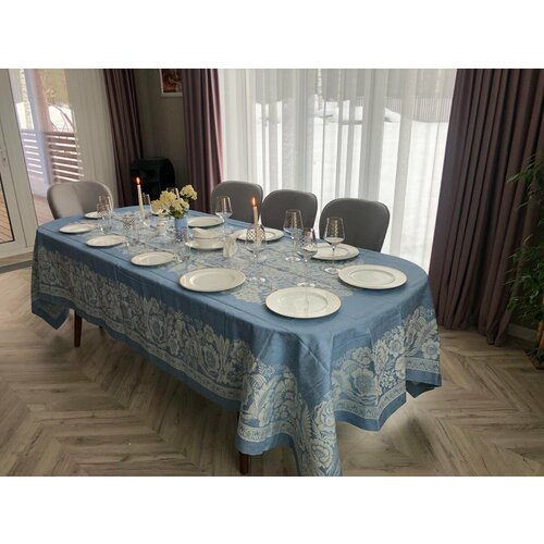 Скатерть на стол, 178х229, лен и хлопок, цвет голубой, "Лесной букет", Яковлевский жаккард