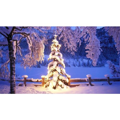 Картина на холсте 60x110 LinxOne "Рождественский день елка зима" интерьерная для дома / на стену / на кухню / с подрамником