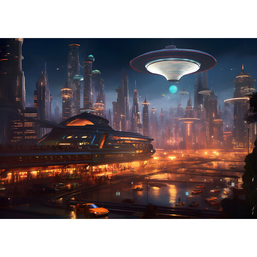Постер - "Футуристический город с космическими кораблями"на плотной бумаге / А3 / в тубусе без рамы