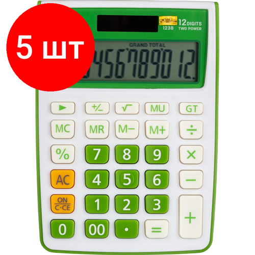 Комплект 5 штук, Калькулятор настольный компактный Deli E1238/GRN зеленый 12-разр