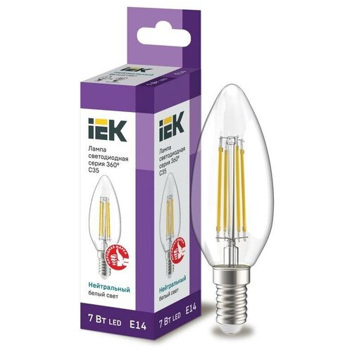 Лампа светодиодная филаментная 360° 7Вт C35 свеча 4000К E14 230В прозр. IEK LLF-C35-7-230-40-E14-CL (10шт.)