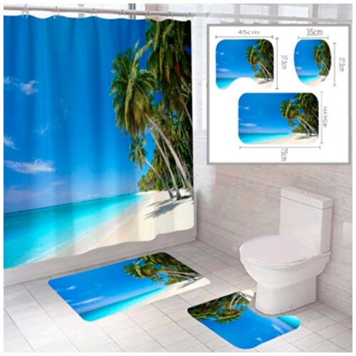 Штора и два коврика для ванной комнаты комплект 'Пляж-3'