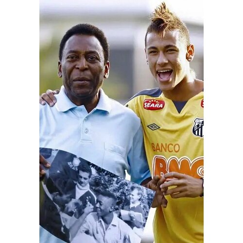 Плакат, постер Пеле и Неймар бразильский футболист. Neymar на бумаге, размер 21х30см