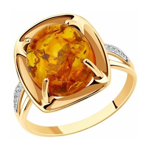 Кольцо Diamant online, золото, 585 проба, янтарь, фианит, размер 21