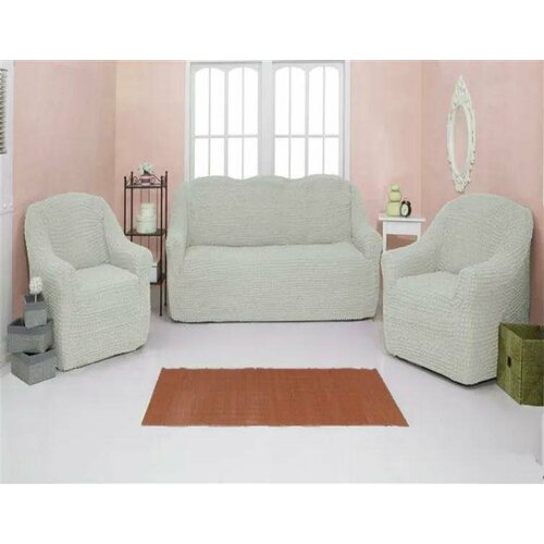 «ЧМ16214» комплект чехлов без оборки на диван и два кресла, цвет: кремовый