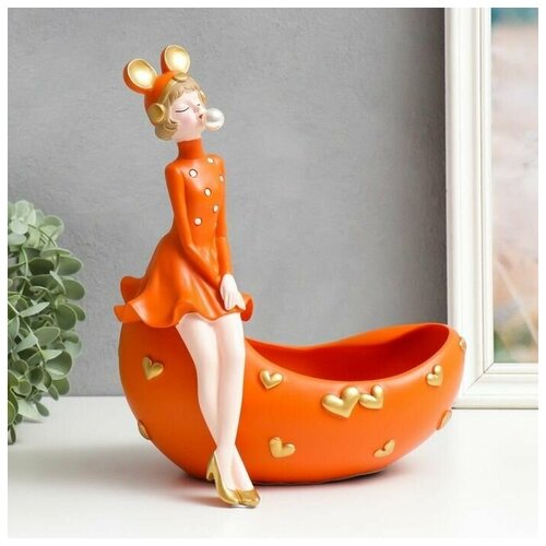 Сувенир полистоун подставка "Девушка ушки мишки, с пузырем" оранжевый 29х19х28 см