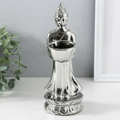 Подсвечник керамика на 1 свечу "Будда" d=4 см серебро 8х11х22,5 см (комплект из 2 шт)