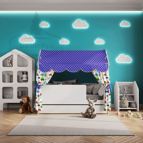 Кровать детская домик с текстилем и ящиком (синий, с машинками, вход справа) "Базовый"